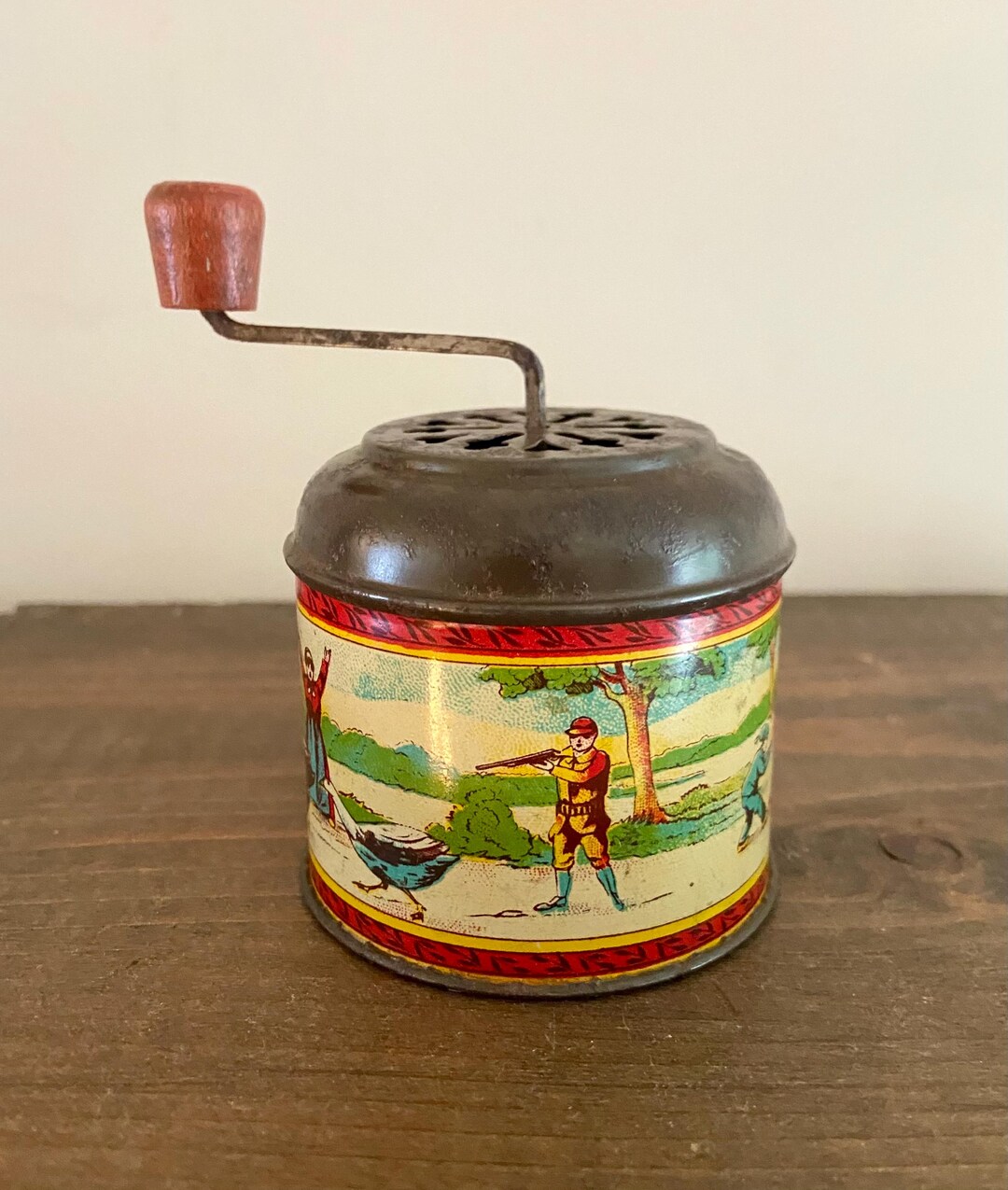 Antique Tin Toy Box Lithograph Musical Mill - Hunter Farmer Donkey Cart ...