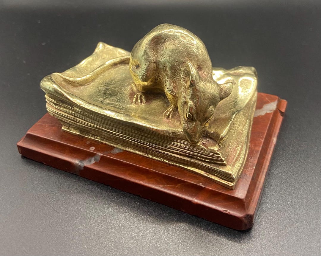Antique Paperweight Sculpture - Mouse Nibbling a Book - Bronze on ...