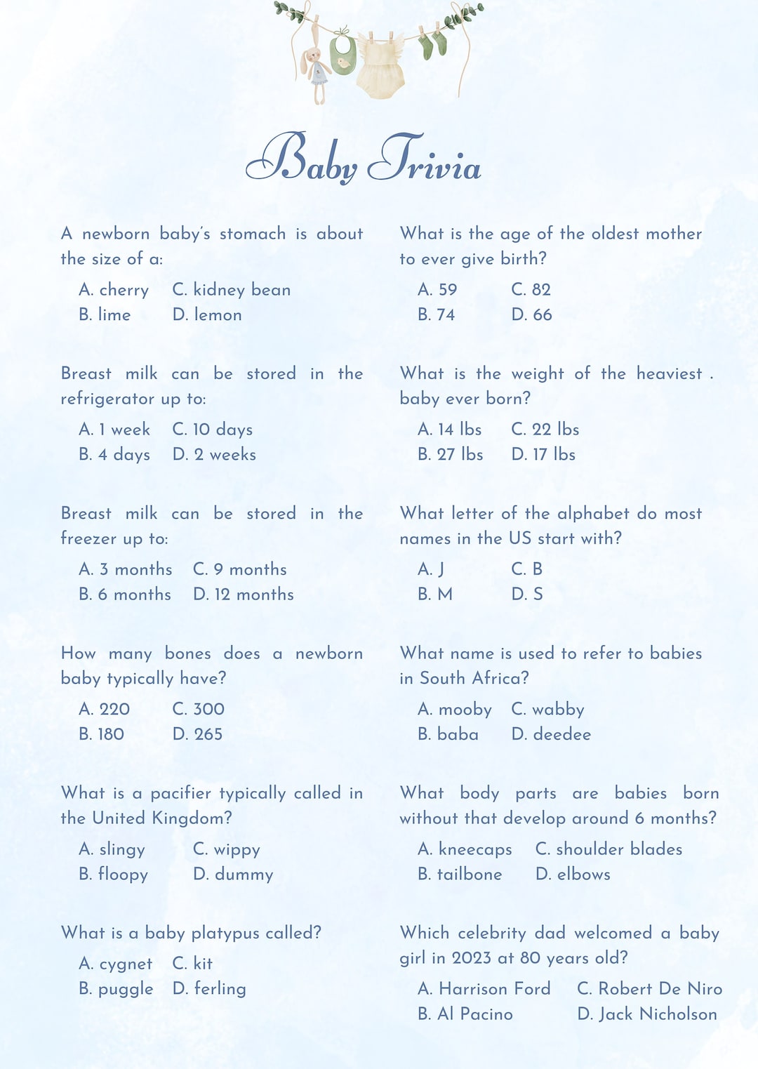 Baby Shower Trivia - Baby Shower Game ("baby Blue" Design) - Etsy