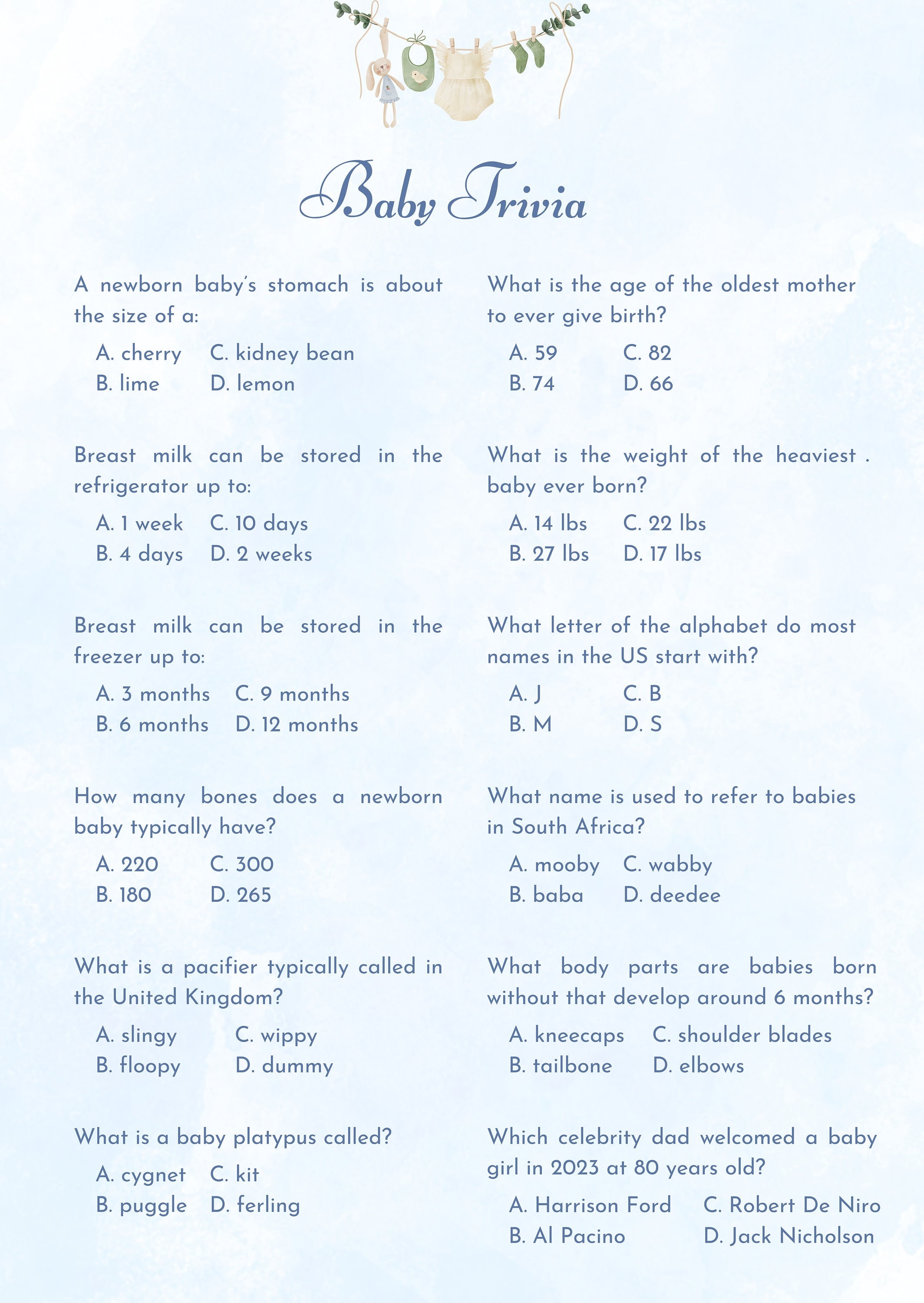 Baby Shower Trivia - Baby Shower Game ("baby Blue" Design) - Etsy