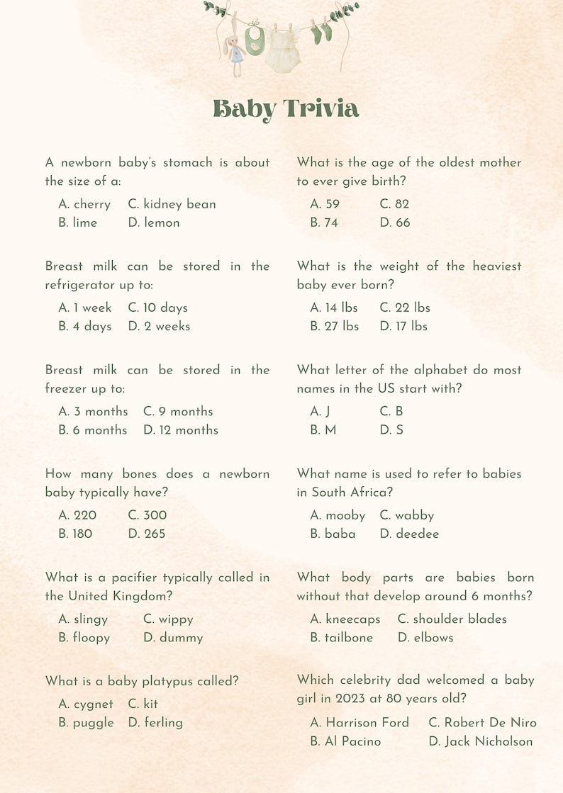 Baby Shower Trivia - Baby Shower Game ("in the Garden" Design) - Etsy