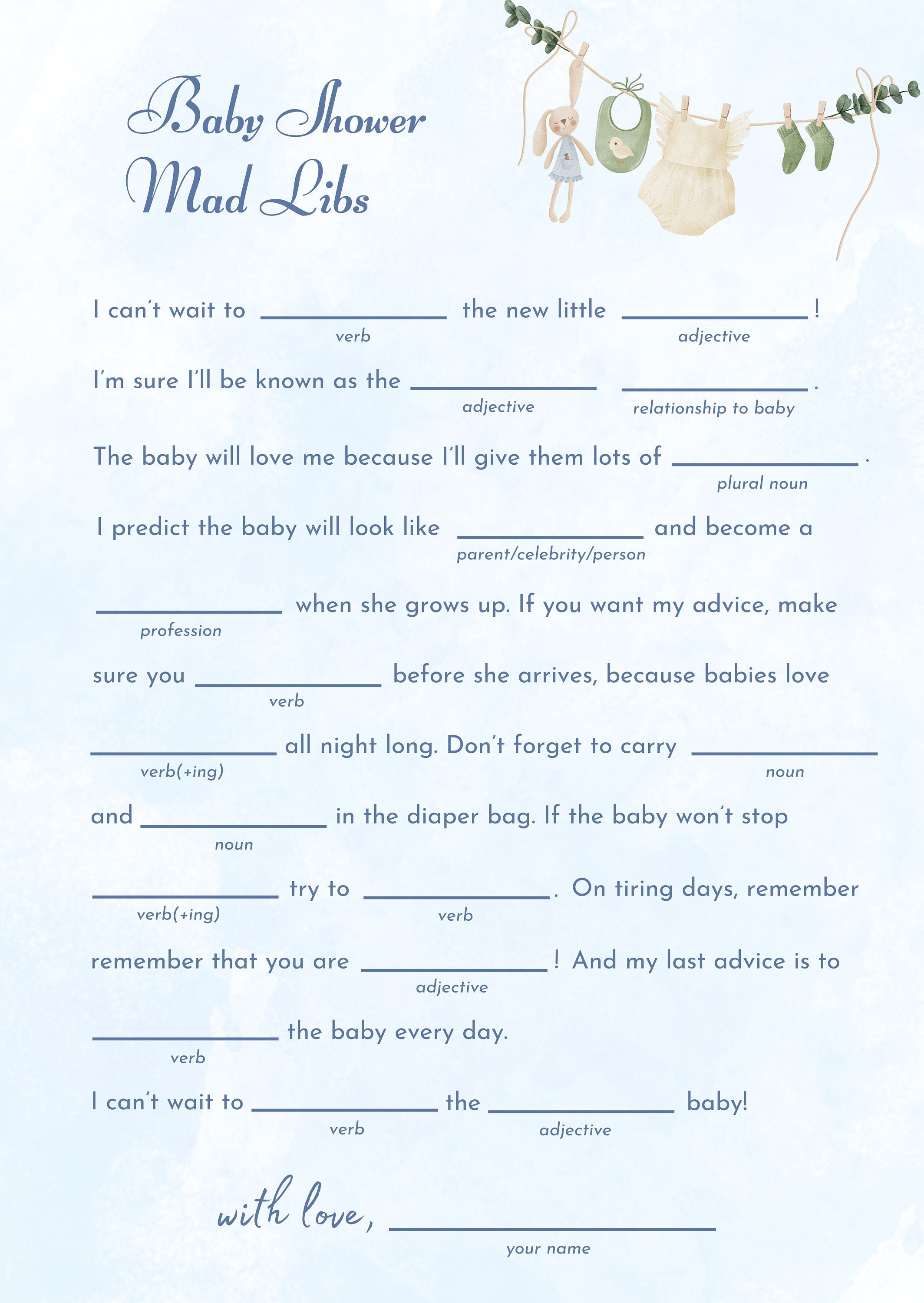 Baby Shower Mad Libs - Baby Shower Game ("baby Blue" Design) - Etsy