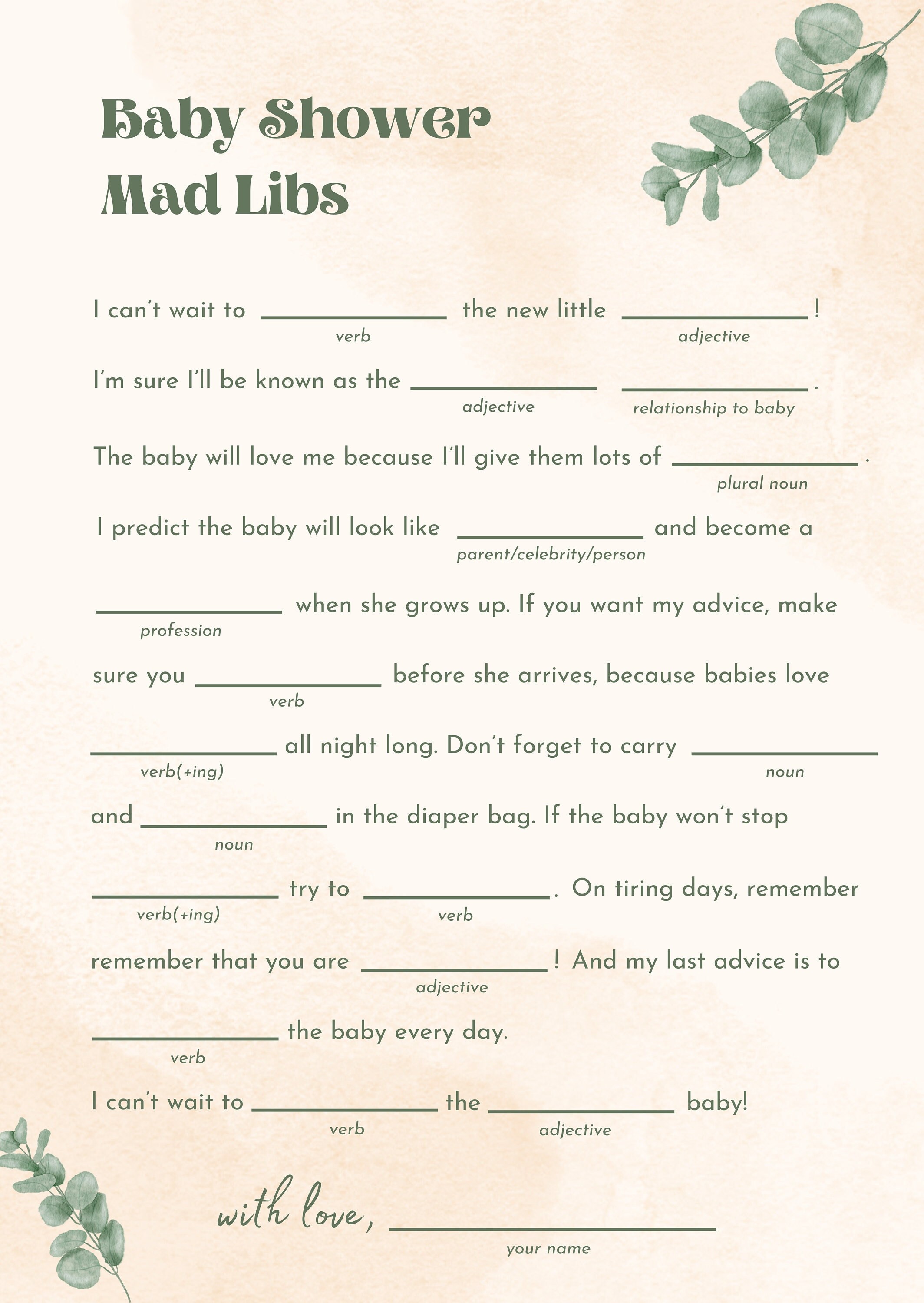 Baby Shower Mad Libs - Baby Shower Game ("in the Garden" Design) - Etsy