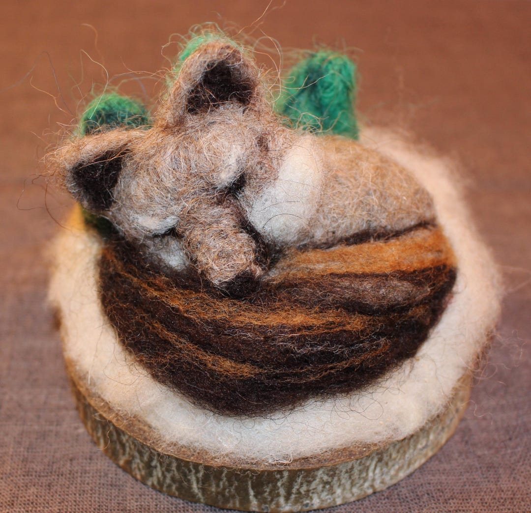 Needle Felted Wool Fox Curled up on Tree Stump - Etsy