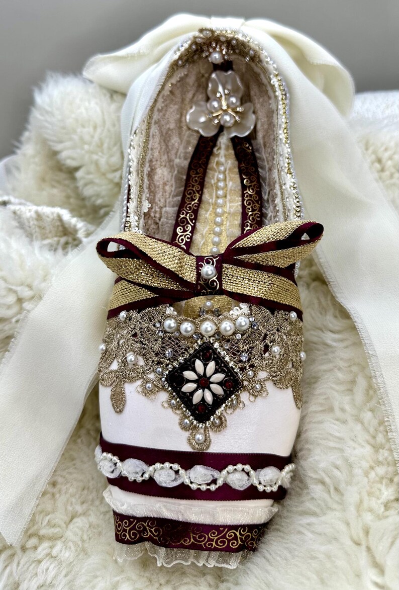 Festive Handmade Ballet Pointe Shoe With Burgundy & Gold Trim - Etsy