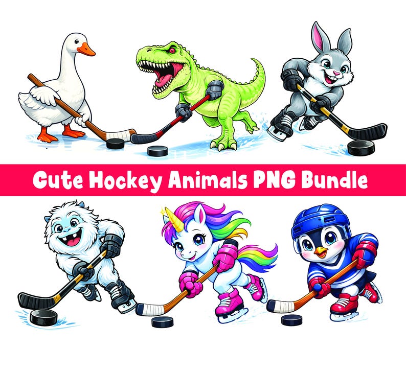 Cute Hockey Animals Clipart Funny Ice Hockey PNG Bundle Goose Dinosaur ...