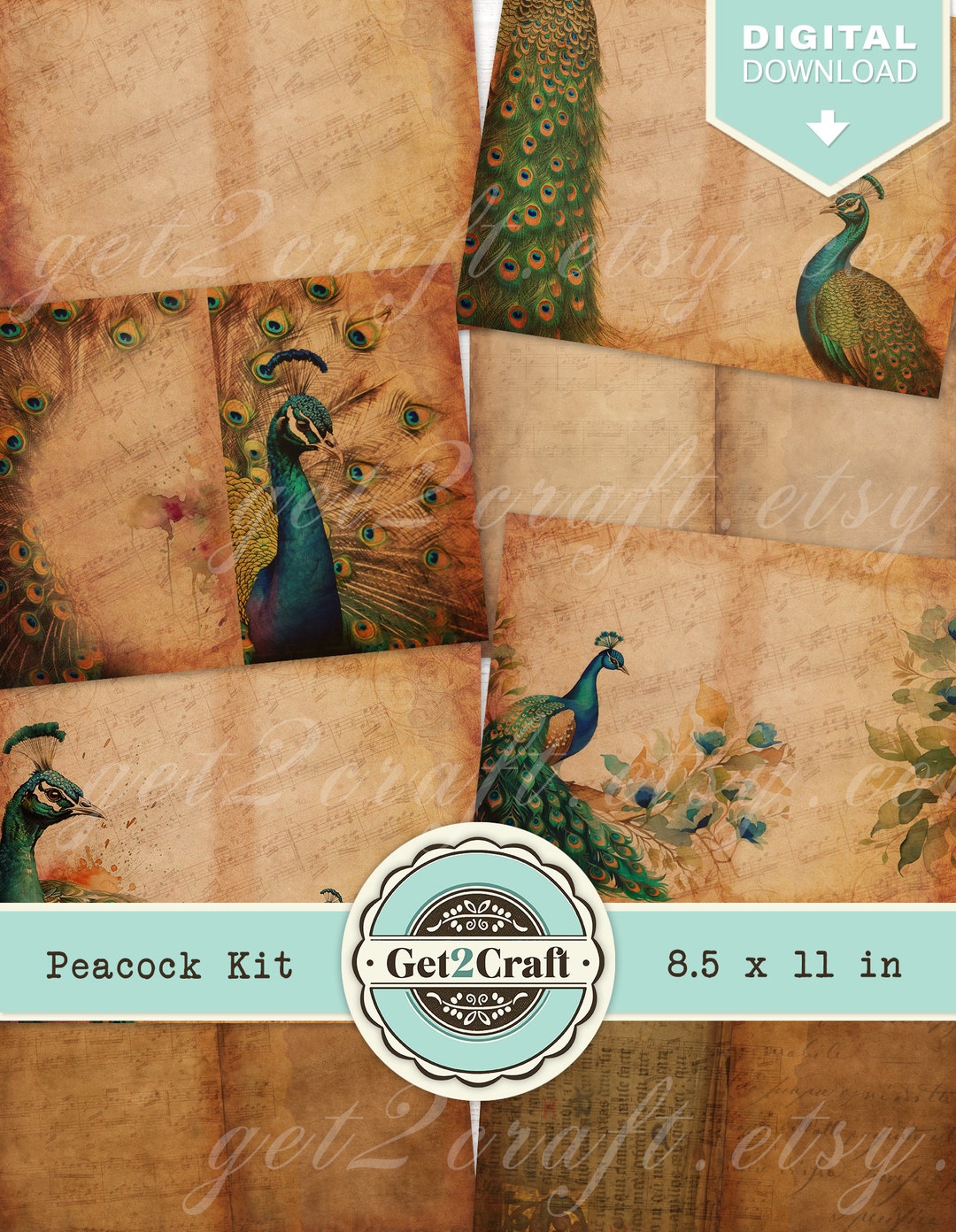 Digital Junk Journal Kit - Peacock on Aged Paper - 10 Printable Pages ...