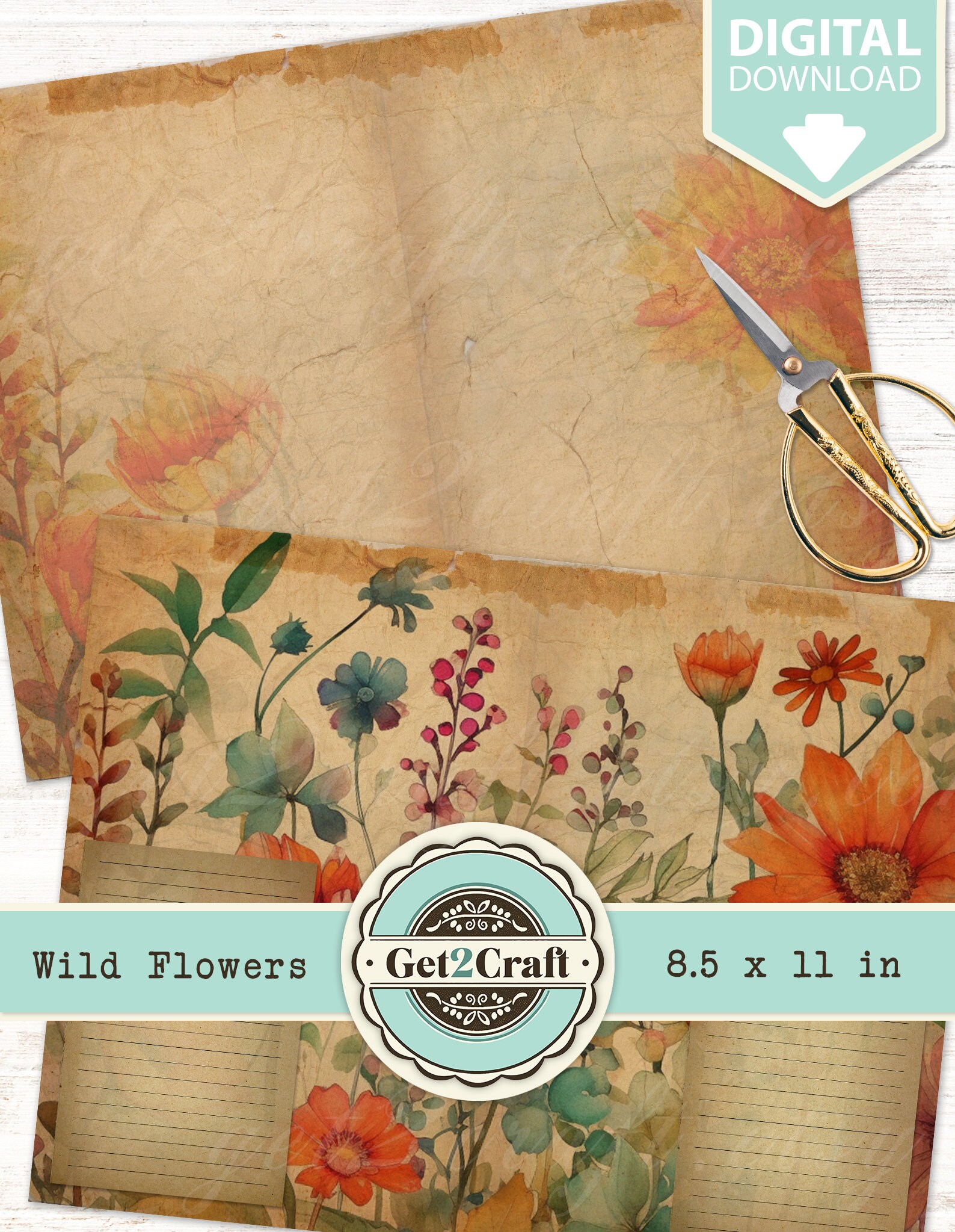 Printable Junk Journal Kit - Wild Flowers - 12 Digital Pages for ...