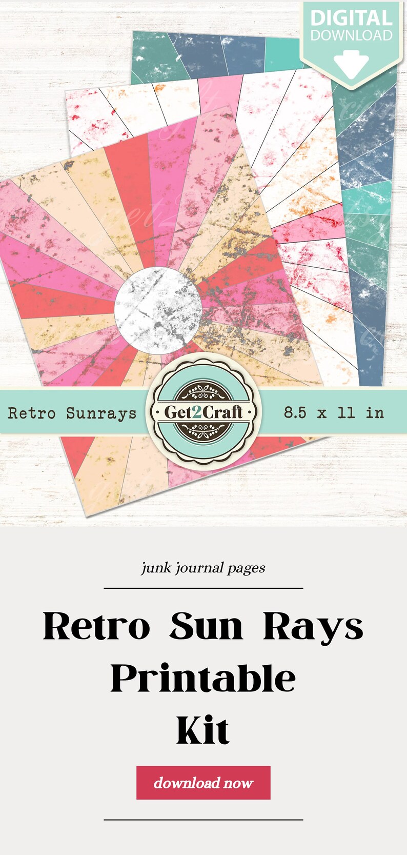 Printable Junk Journal Kit - Retro Sun Rays - Digital Paper Set ...