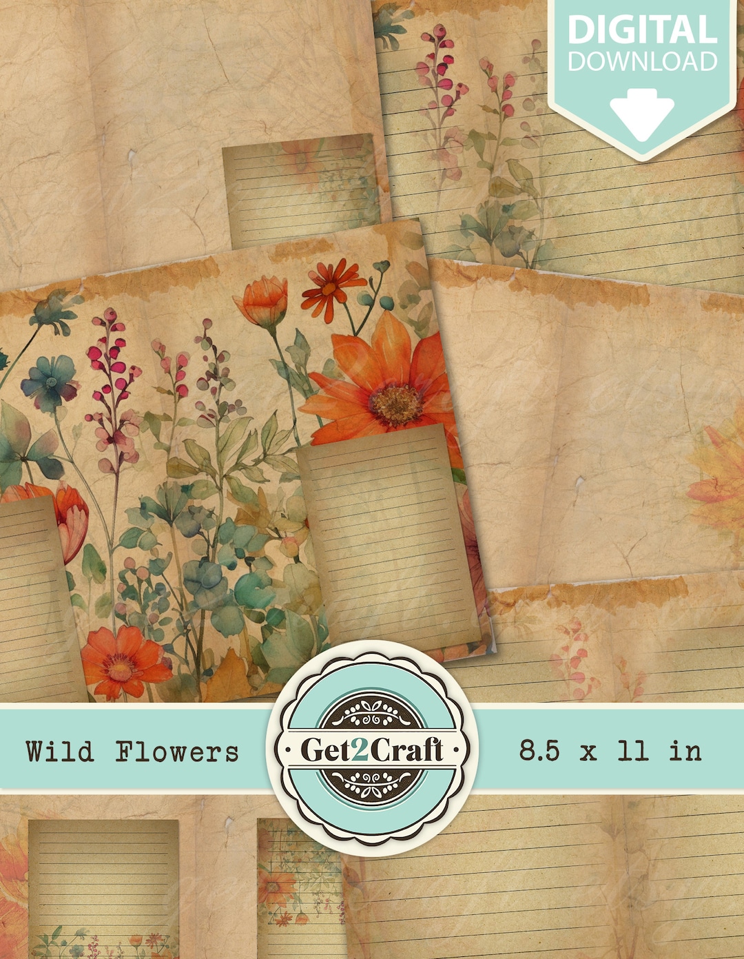 Printable Junk Journal Kit - Wild Flowers - 12 Digital Pages for ...
