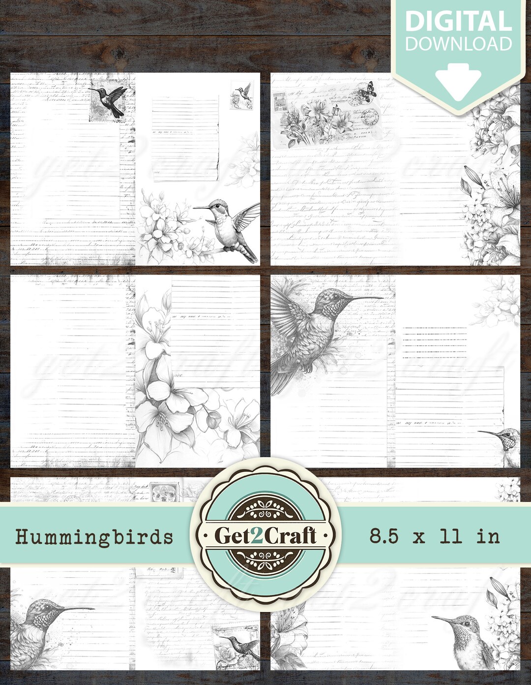 Printable BW Junk Journal Kit - Hummingbird - Digital Scrapbooking Set ...