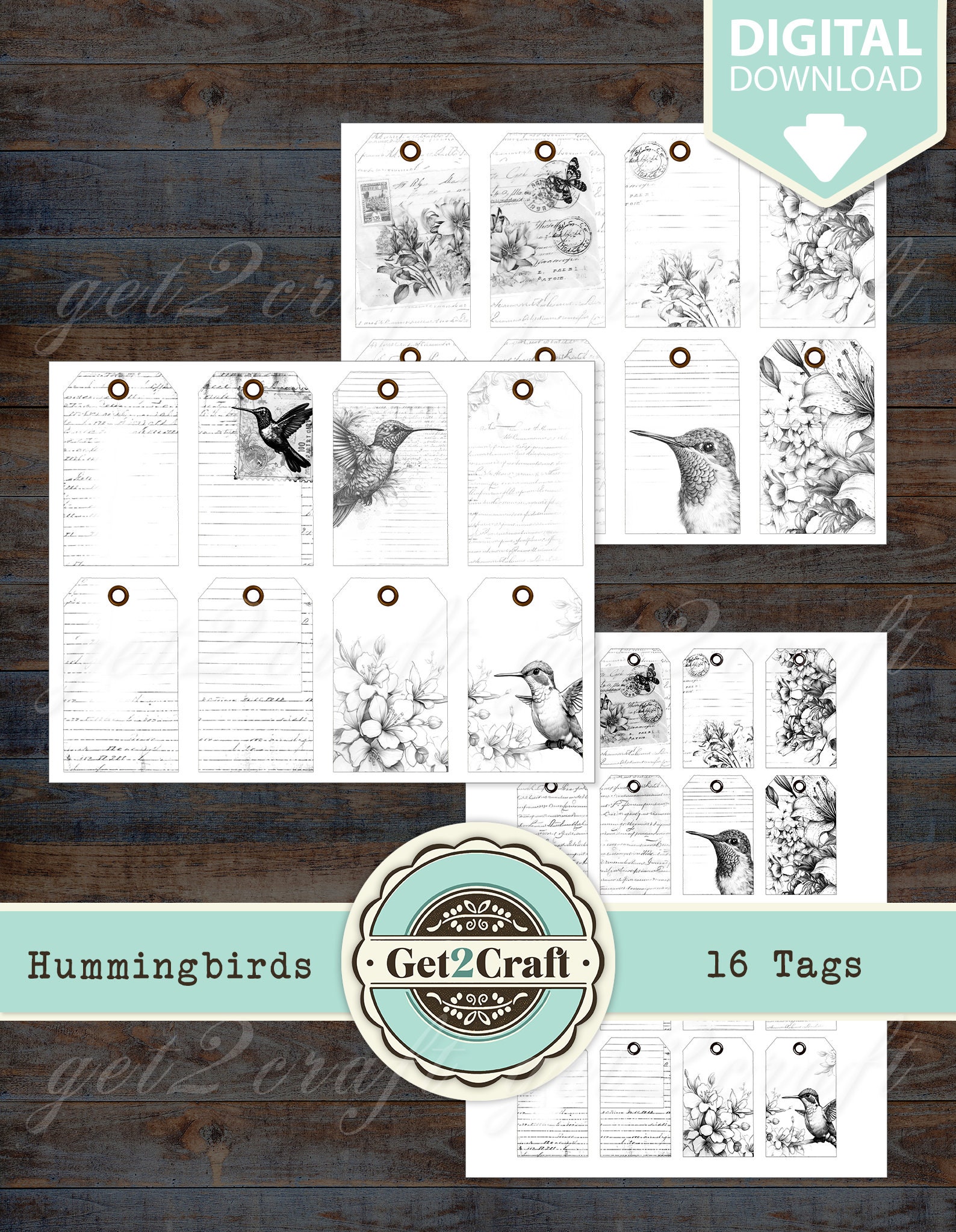 Printable BW Junk Journal Kit - Hummingbird - Digital Scrapbooking Set ...