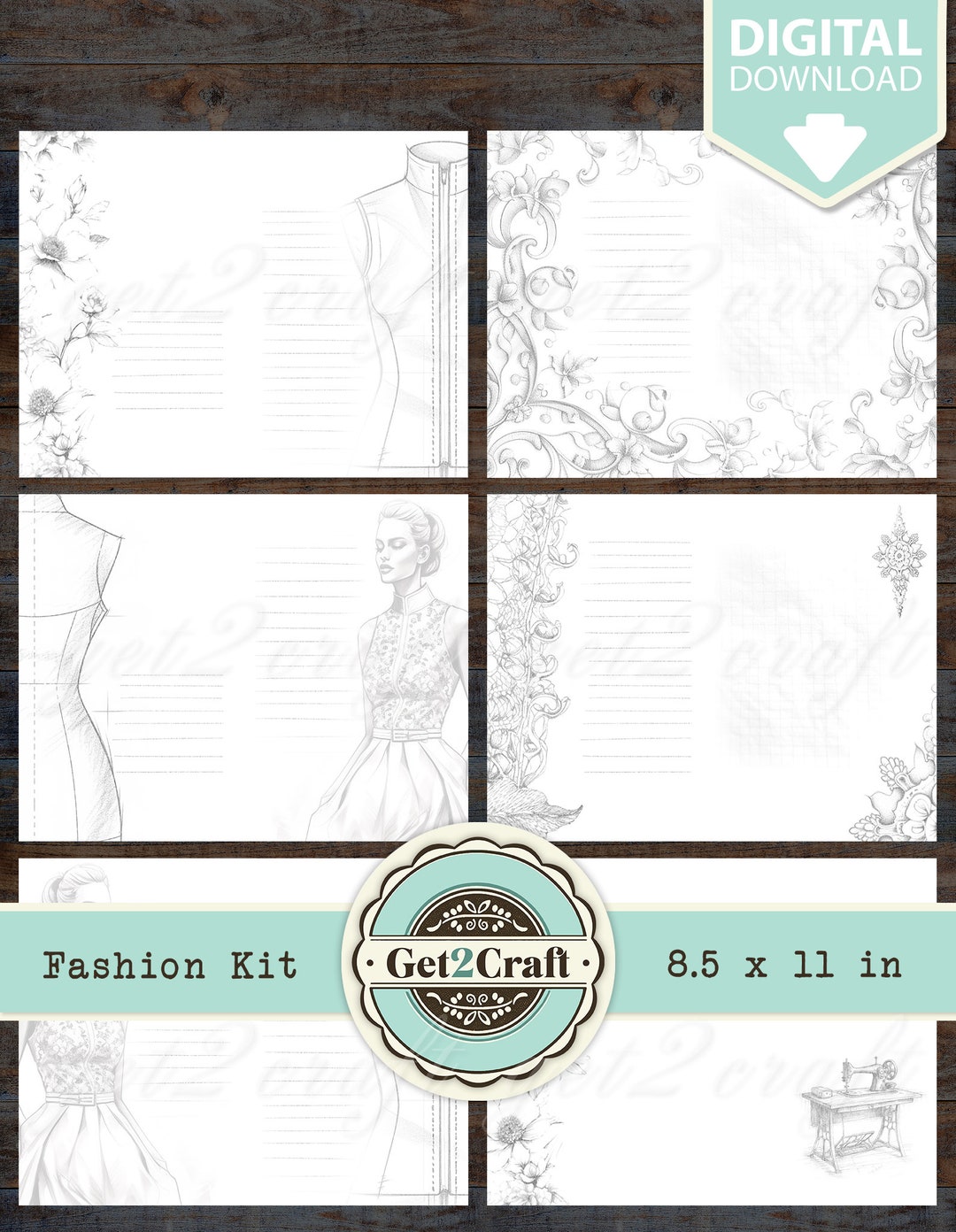 Printable BW Junk Journal Paper Kit - Fashion and Sewing - Digital ...