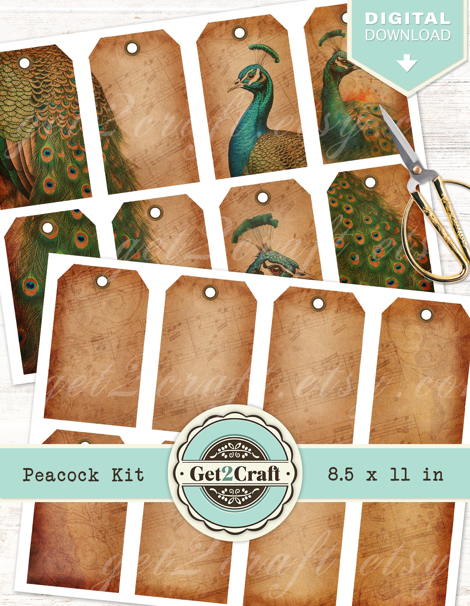 Digital Junk Journal Kit - Peacock on Aged Paper - 10 Printable Pages ...