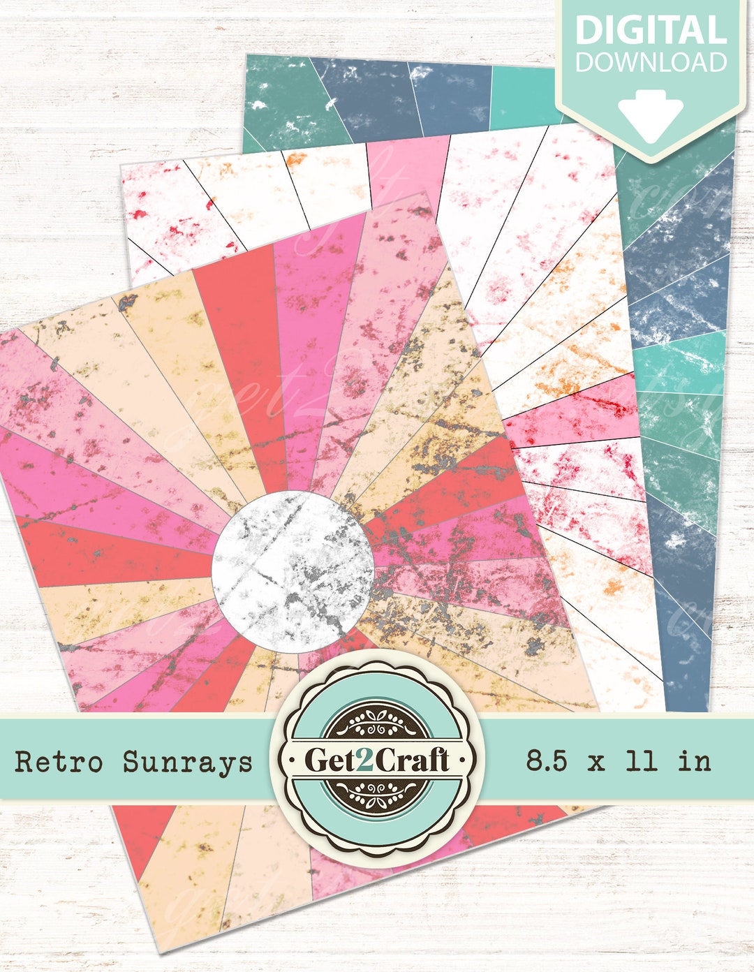 Printable Junk Journal Kit - Retro Sun Rays - Digital Paper Set ...
