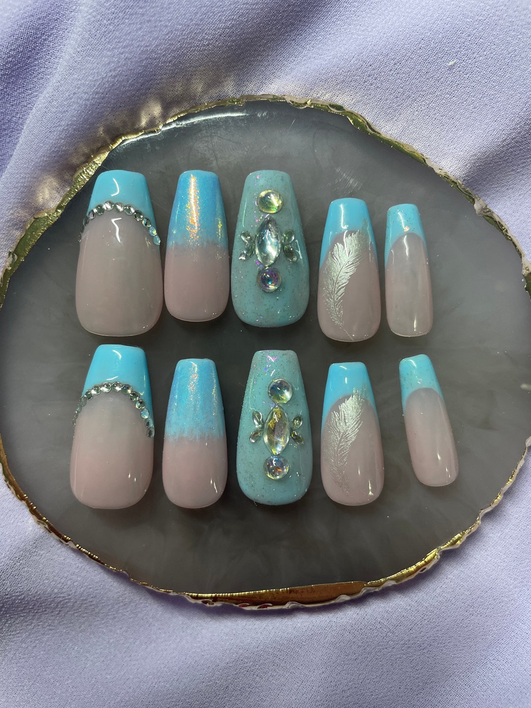 Blue Diamond French Manicure Diamond Nails Press on Nails False Nails ...