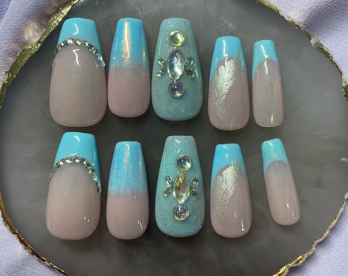 Blue Diamond French Manicure | Diamond Nails | Press on Nails | False ...