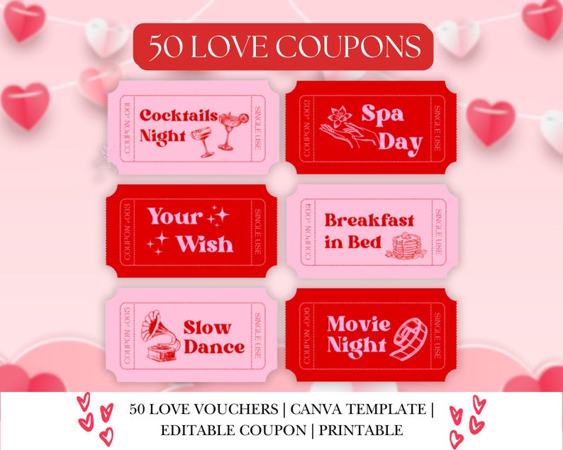 50 Editable Printable Love Coupons, Romantic Gift for Couples, Digital ...