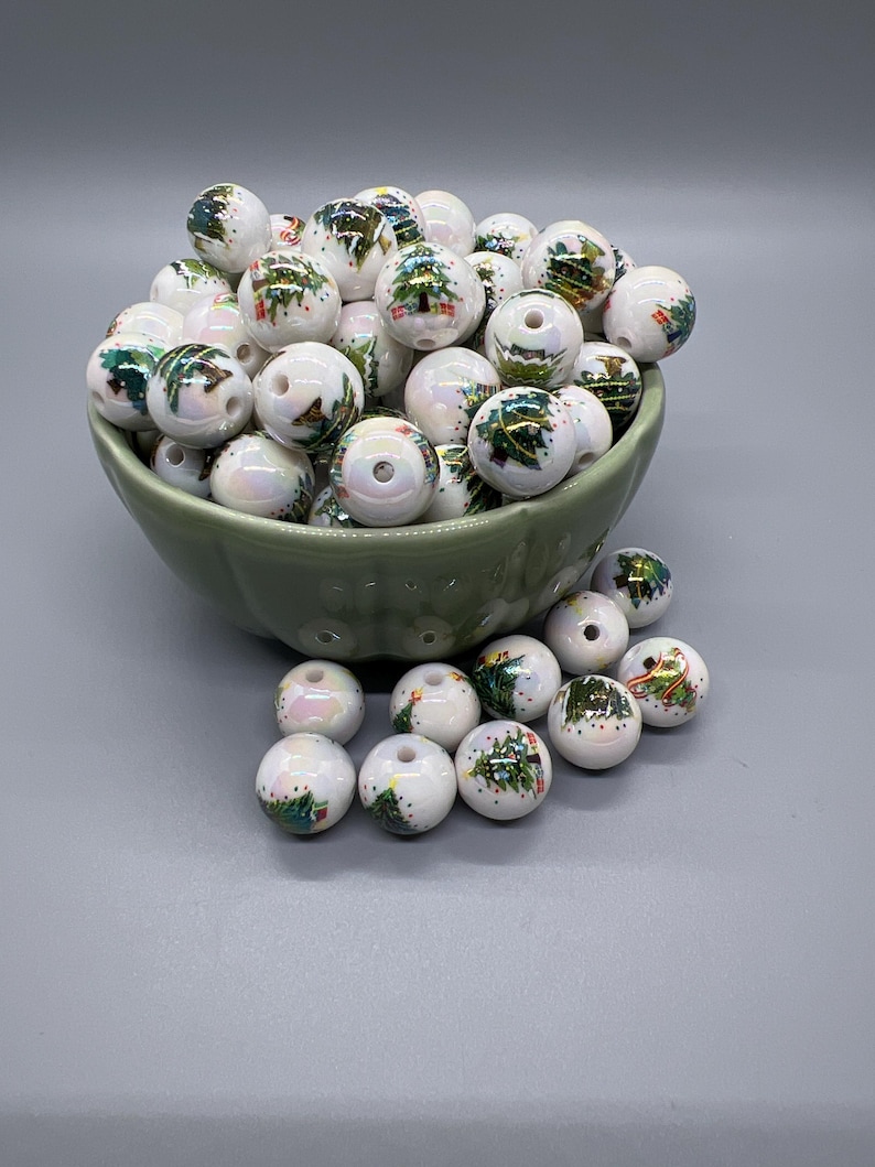 5 Christmas Tree Printed UV Plating Acrylic Beads, Random Mix 16mm DIY ...