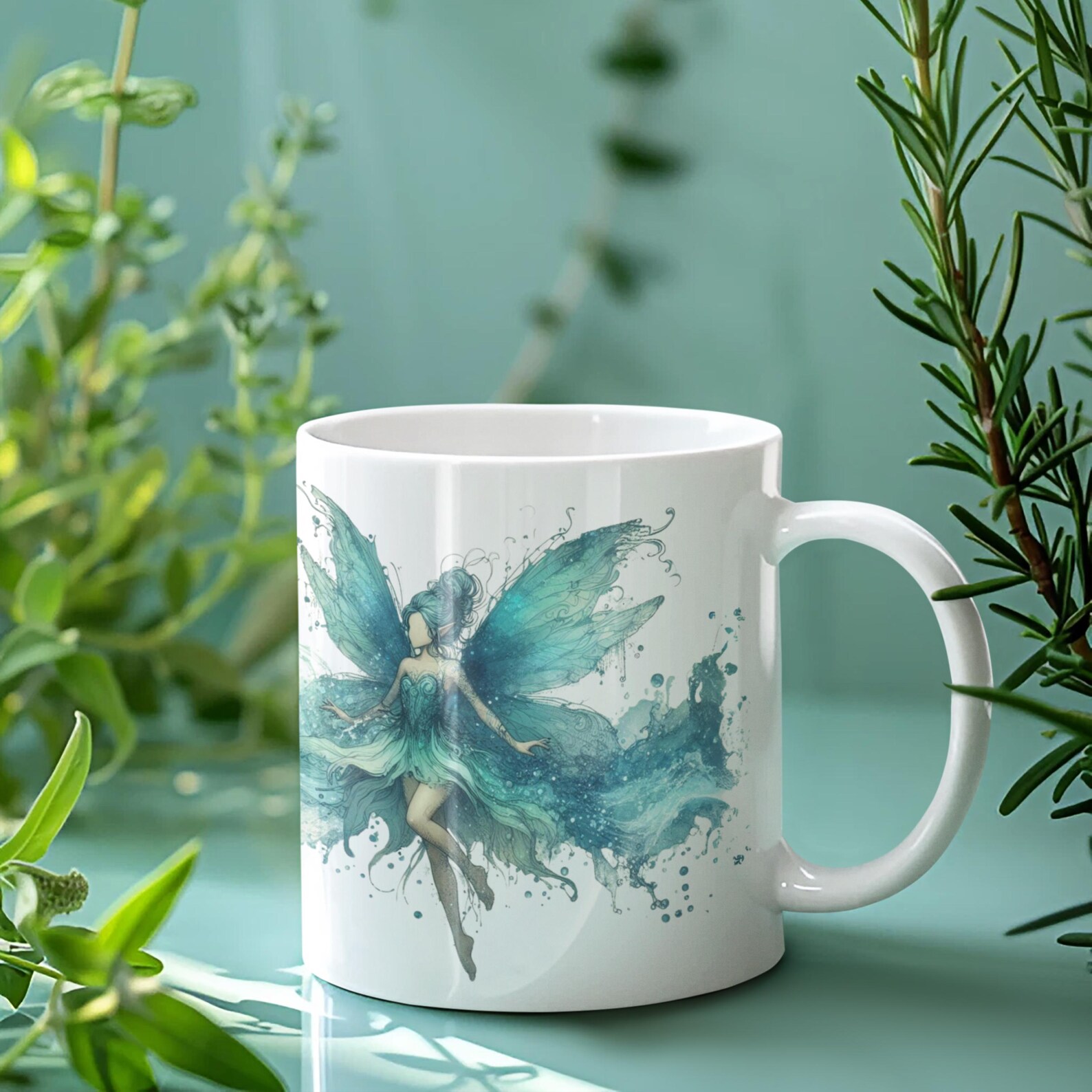 Water Fairy Mug Magical Artwork Blue Fantasy Style White Tea Cup Fairie ...