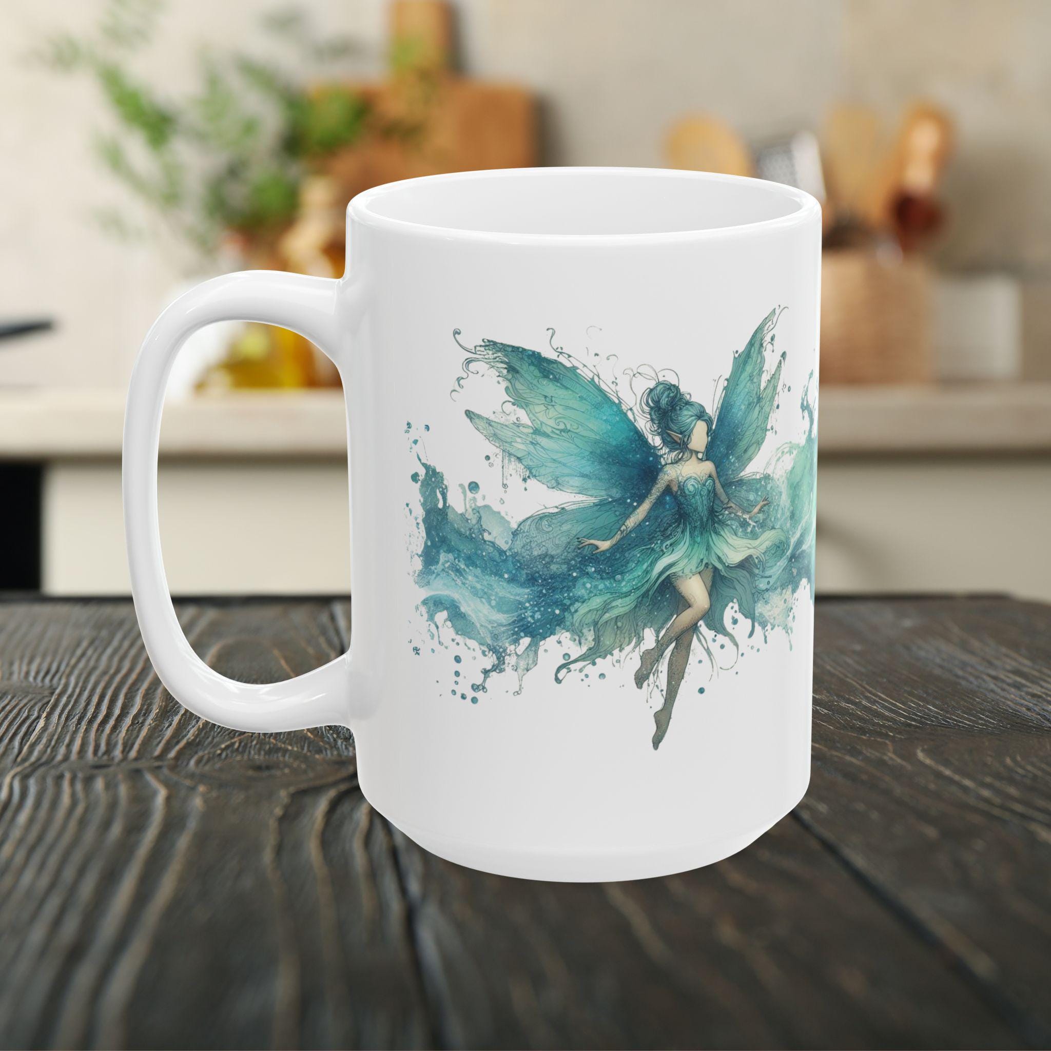 Water Fairy Mug Magical Artwork Blue Fantasy Style White Tea Cup Fairie ...