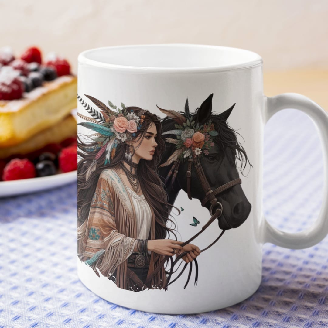 Boho Girl & Black Horse Coffee Mug Cowgirl Serene Bohemian Western ...