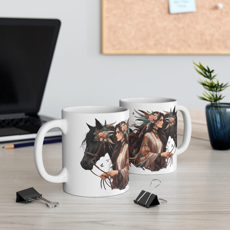 Boho Girl & Black Horse Coffee Mug Cowgirl Serene Bohemian Western ...