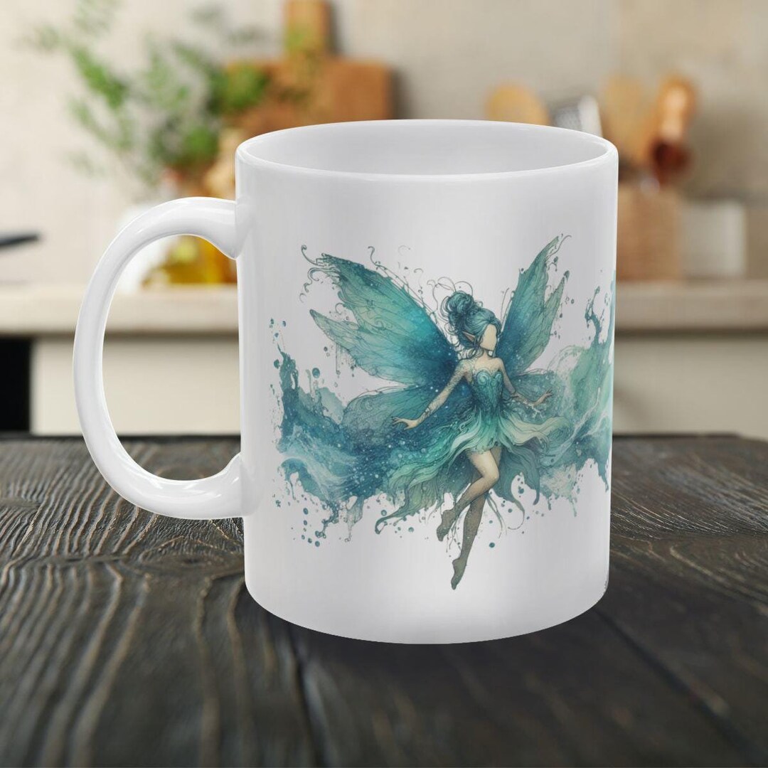 Water Fairy Mug Magical Artwork Blue Fantasy Style White Tea Cup Fairie ...