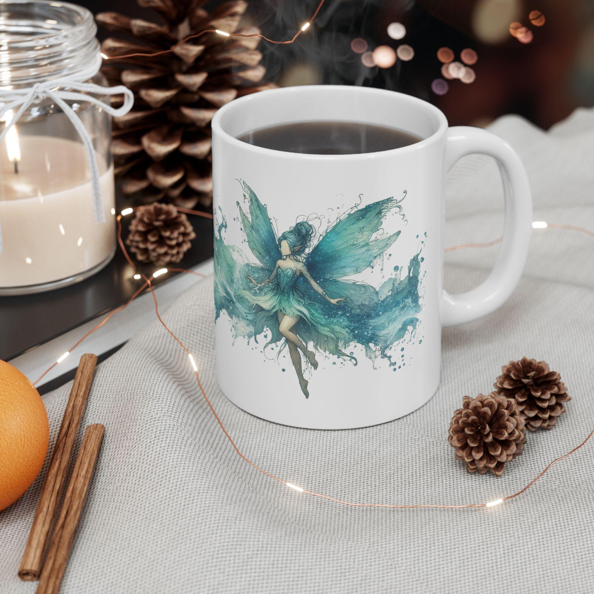 Water Fairy Mug Magical Artwork Blue Fantasy Style White Tea Cup Fairie ...
