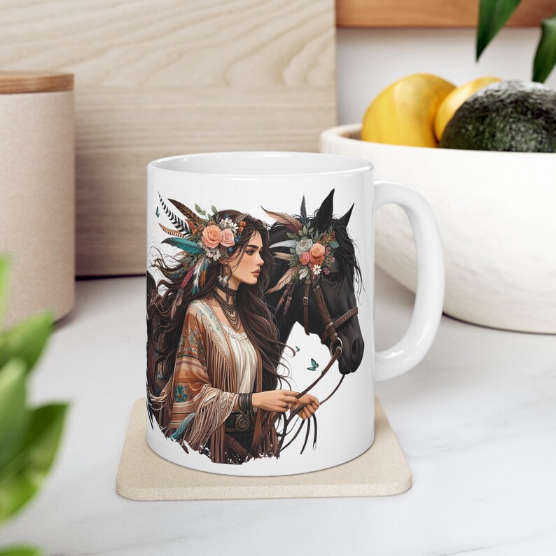 Boho Girl & Black Horse Coffee Mug Cowgirl Serene Bohemian Western ...