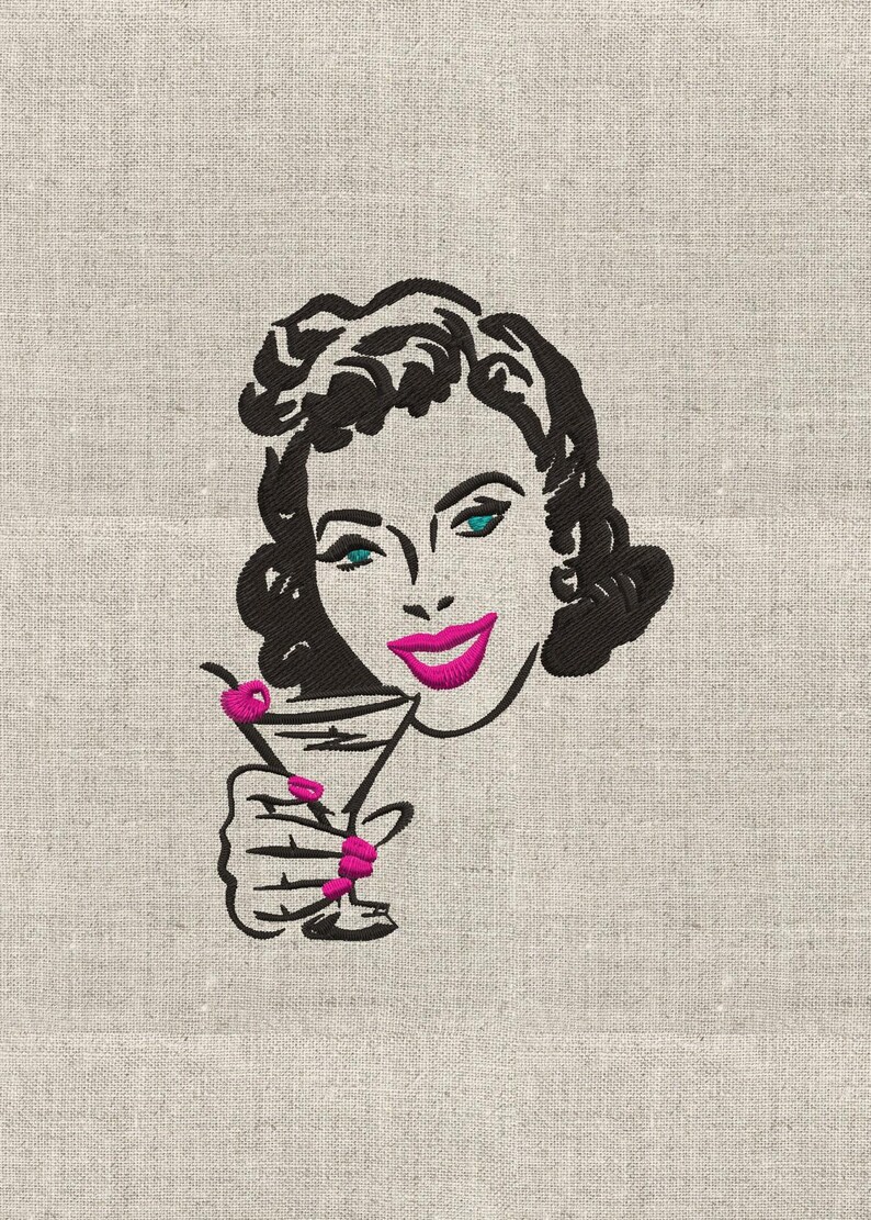 Retro 50s Housewife With Martini Cherry Drink Embroidery DESIGN FILE ...