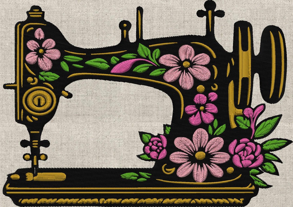 Vintage Retro Sewing Machine W Flowers Embroidery DESIGN FILE - Instant ...