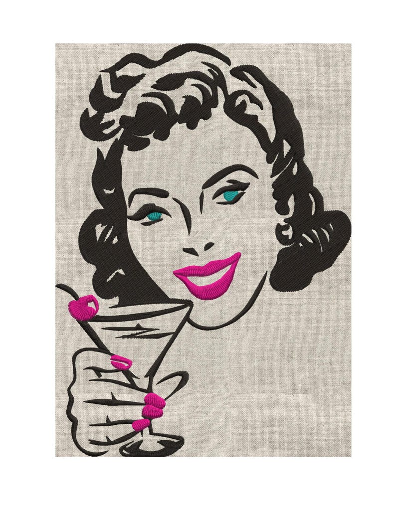 Retro 50s Housewife With Martini Cherry Drink Embroidery DESIGN FILE ...