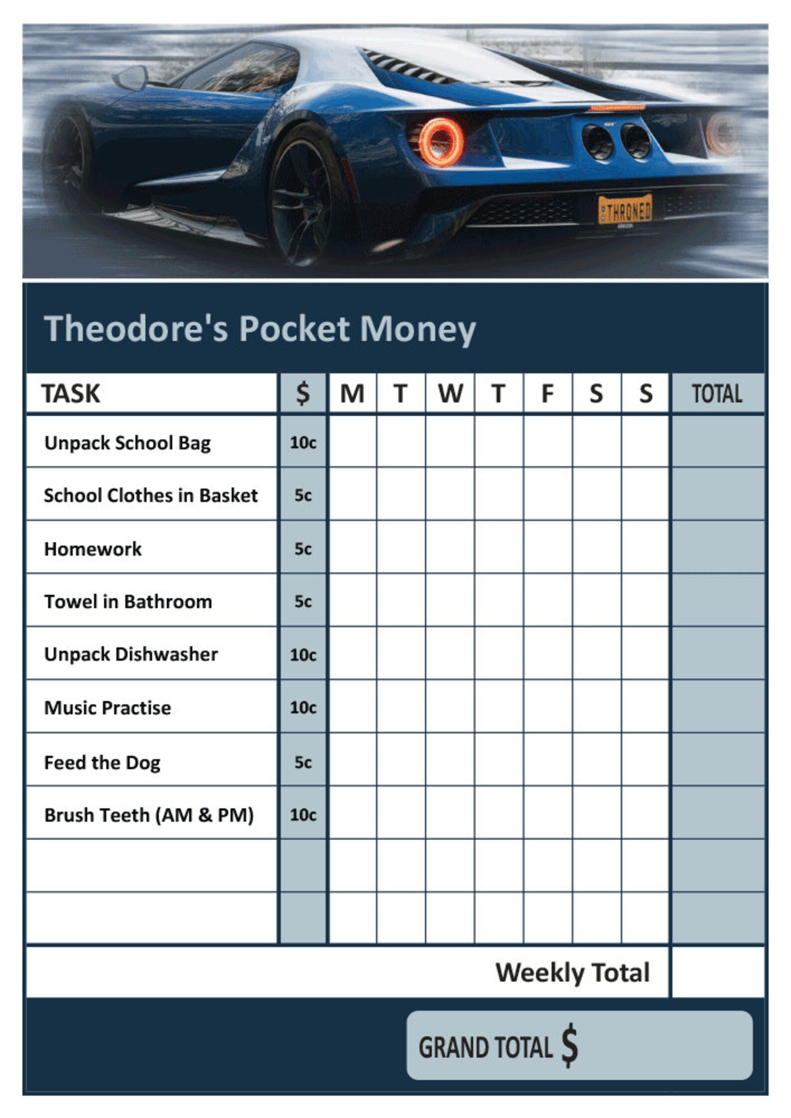 Pocket Money Chart for Boys - Supercar Edition - Etsy