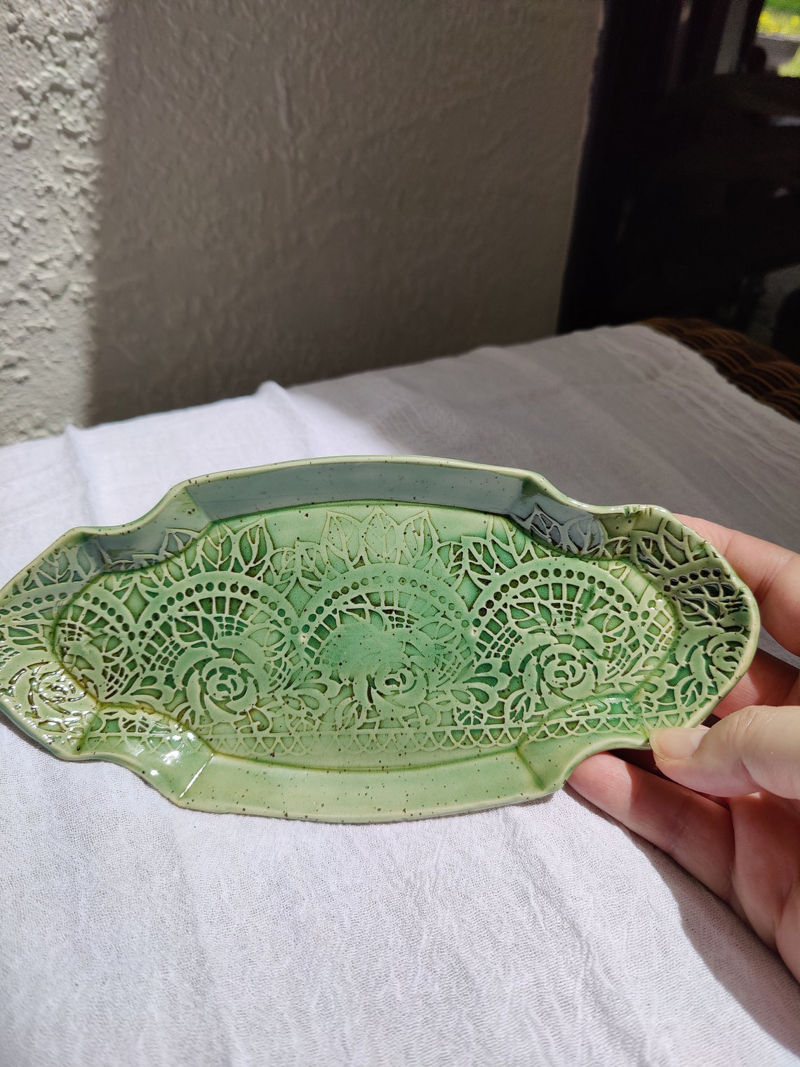 Hand Built Jade Glazed Ceramic Appetizer Serving Plate Speckled ...