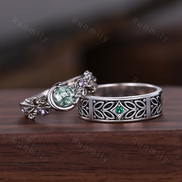 Sterling Silver Moss Agate Wedding Band - Etsy
