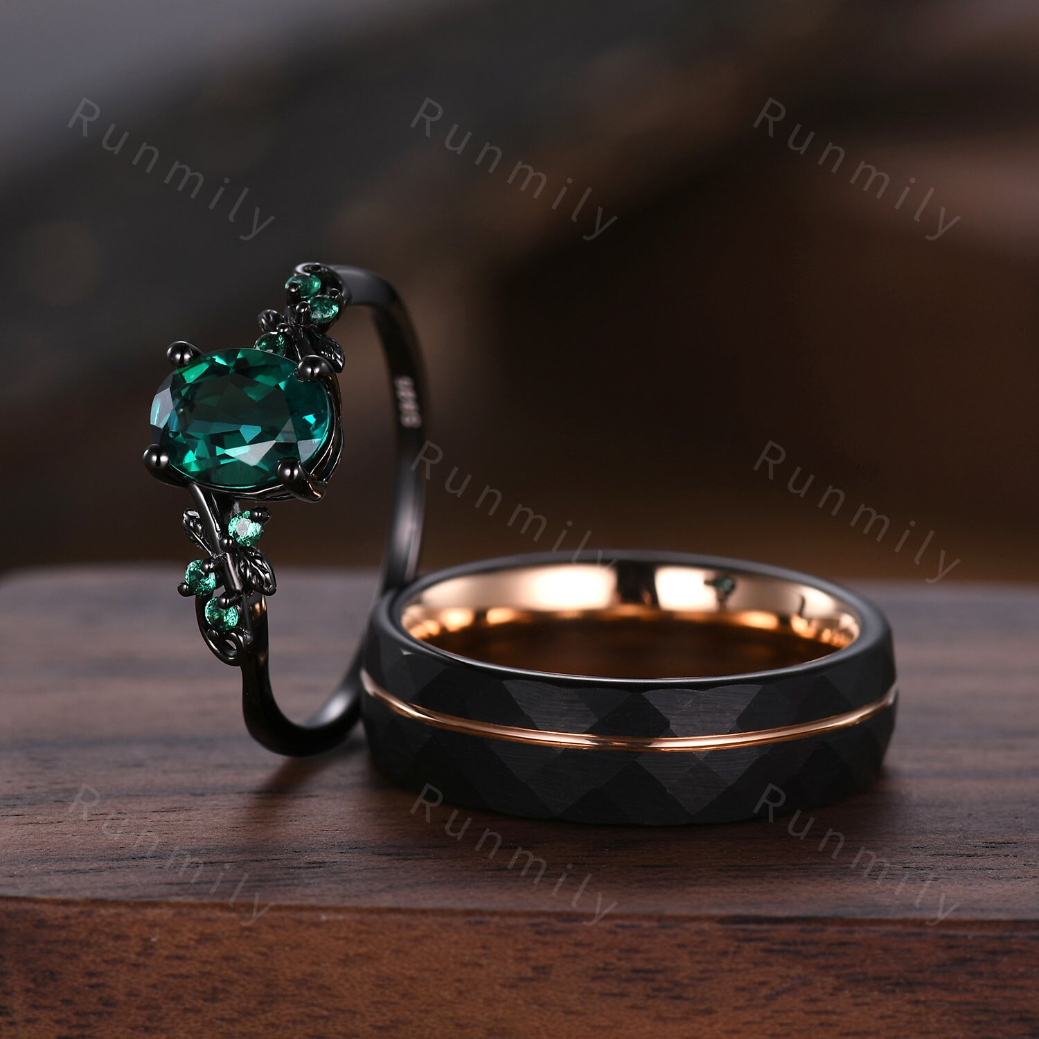 Oval Cut Emerald Couples Ring Set Black Gold Matching Promise Ring His ...