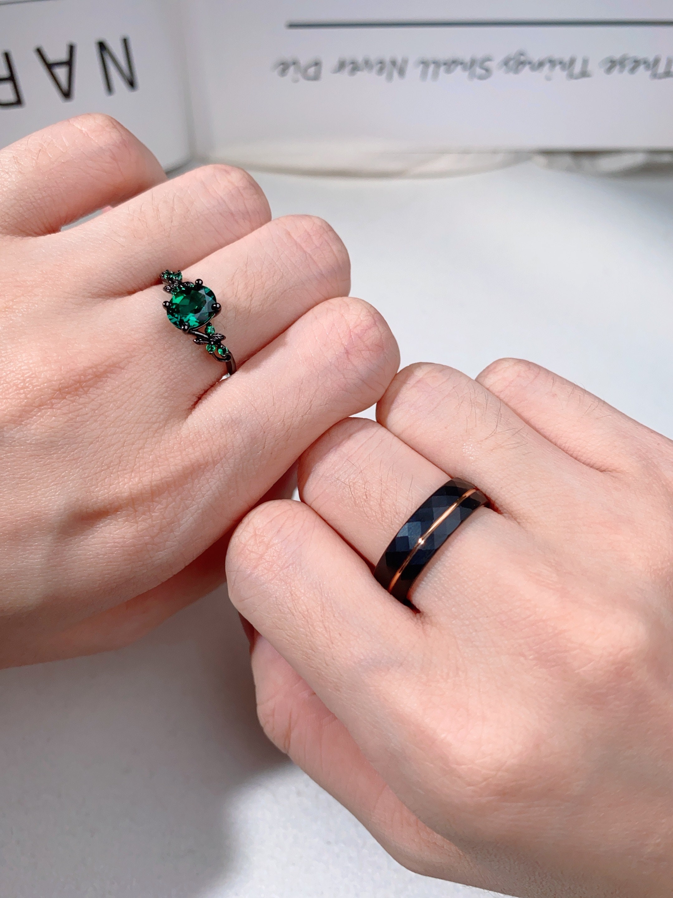 Oval Cut Emerald Couples Ring Set Black Gold Matching Promise Ring His ...