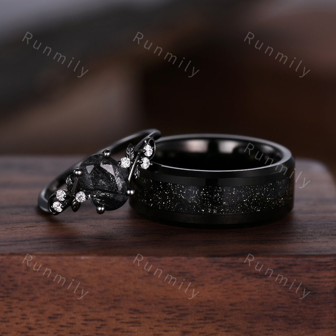 Oval Black Rutilated Quartz Engagement Ring Set Black Gold Couples Ring ...