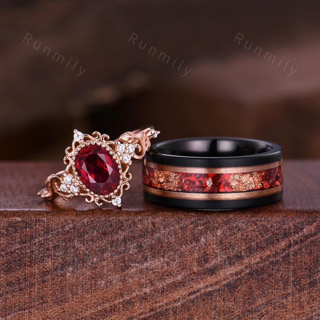 Vintage Oval Cut Ruby Couples Ring Set Rose Gold Matching Ring His and ...