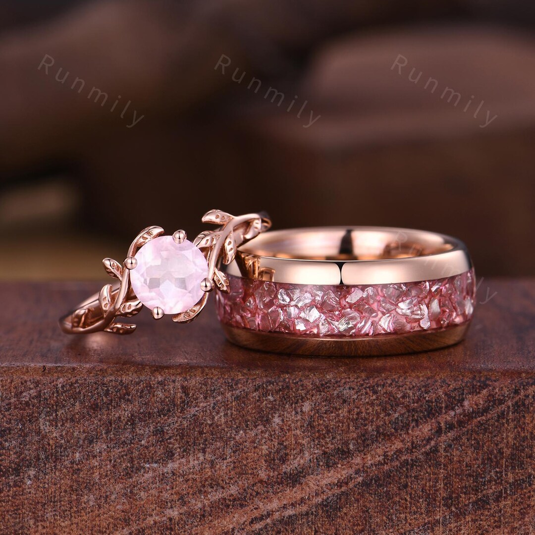 Twig Leaf Rose Quartz Couples Ring Rose Gold Matching Ring Set His and ...