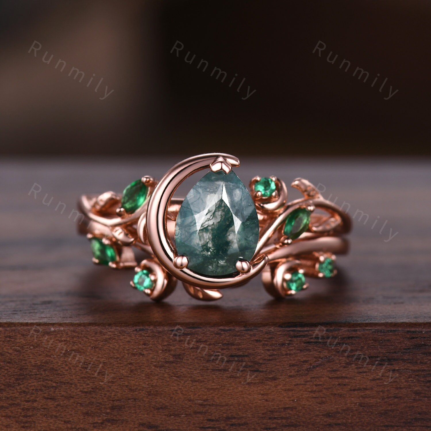 Vintage Moon Style Moss Agate Ring Rose Gold Matching Ring Set Mens ...