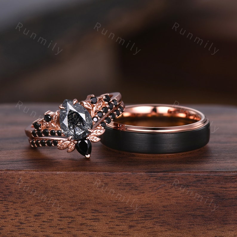 Vintage Black Rutilated Quartz Couples Ring Rose Gold Matching Ring Set His and Hers Wedding ...