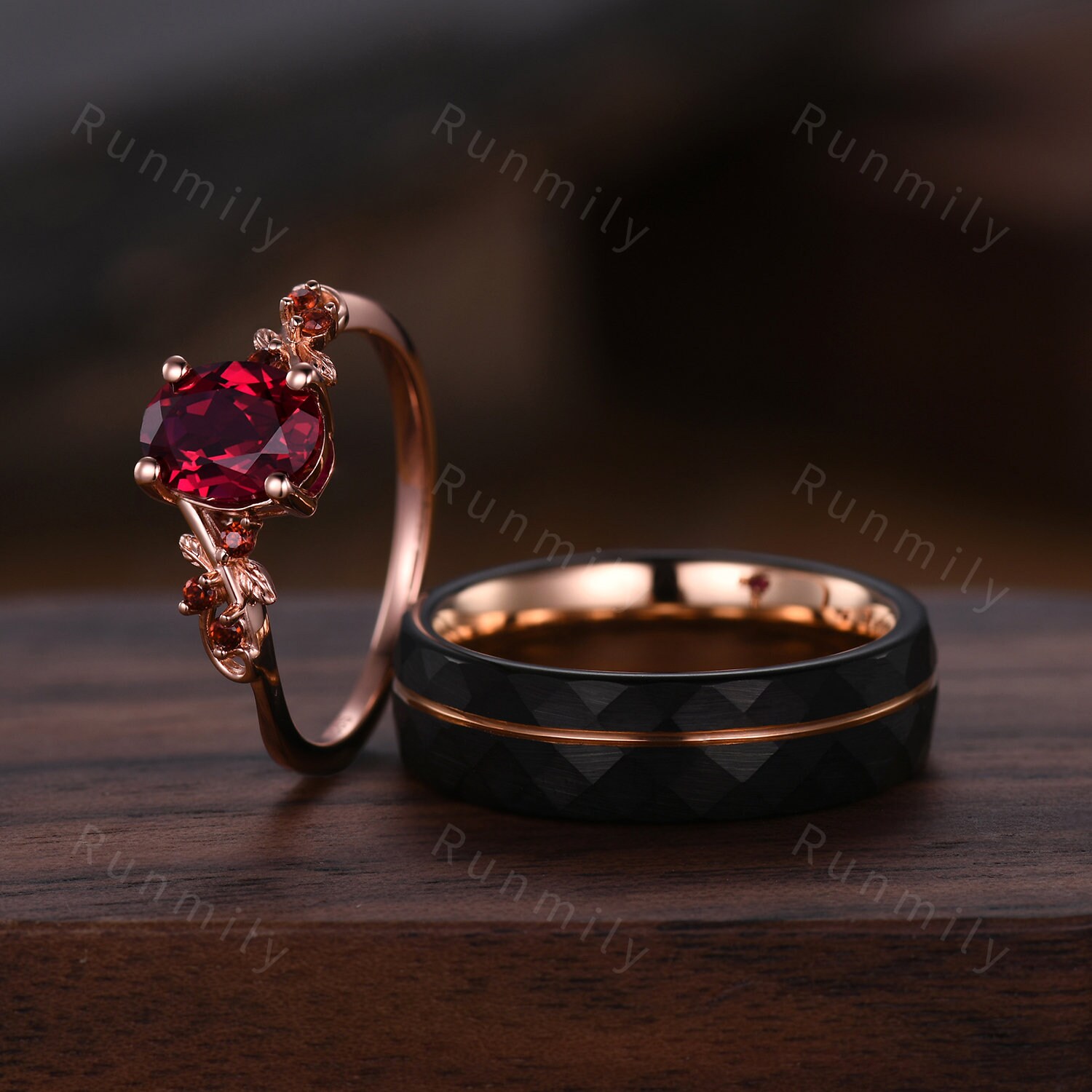 Nature Inspired Ruby Couples Ring Set Rose Gold Matching Promise Ring ...