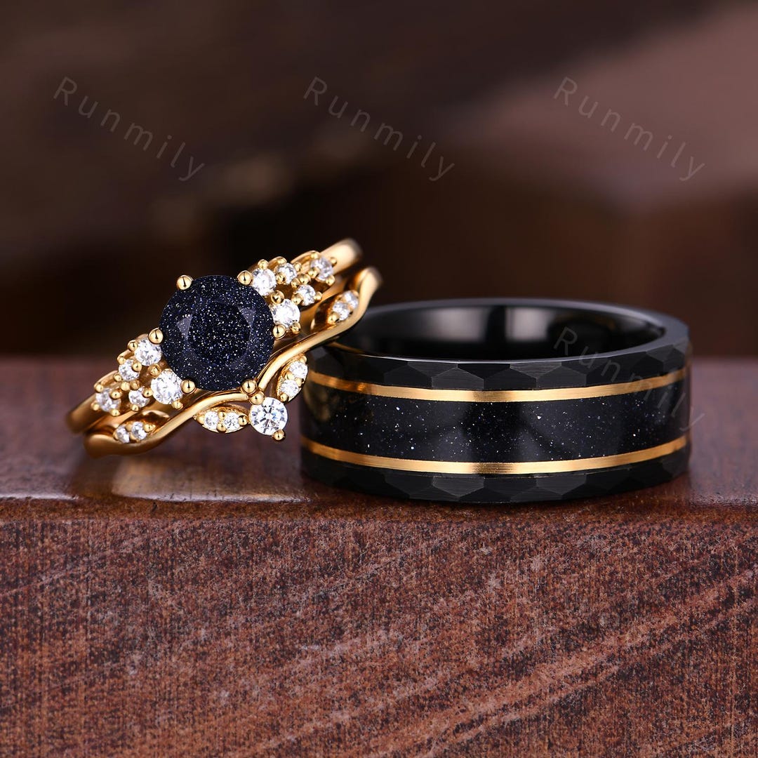 Vintage Blue Sandstone Engagement Ring Set Yellow Gold Couples Ring His ...
