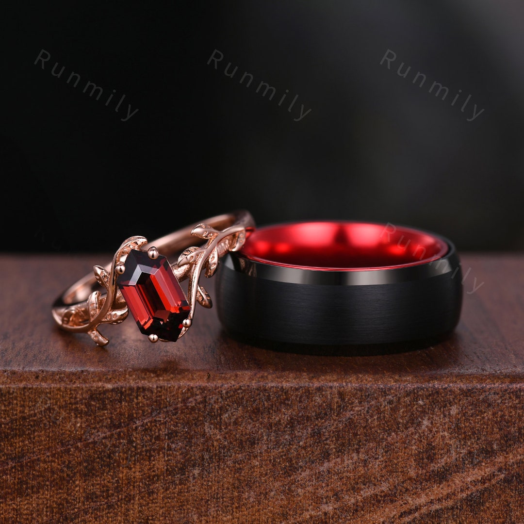 Nature Inspired Red Garnet Couples Ring Vintage Matching Ring Set His ...