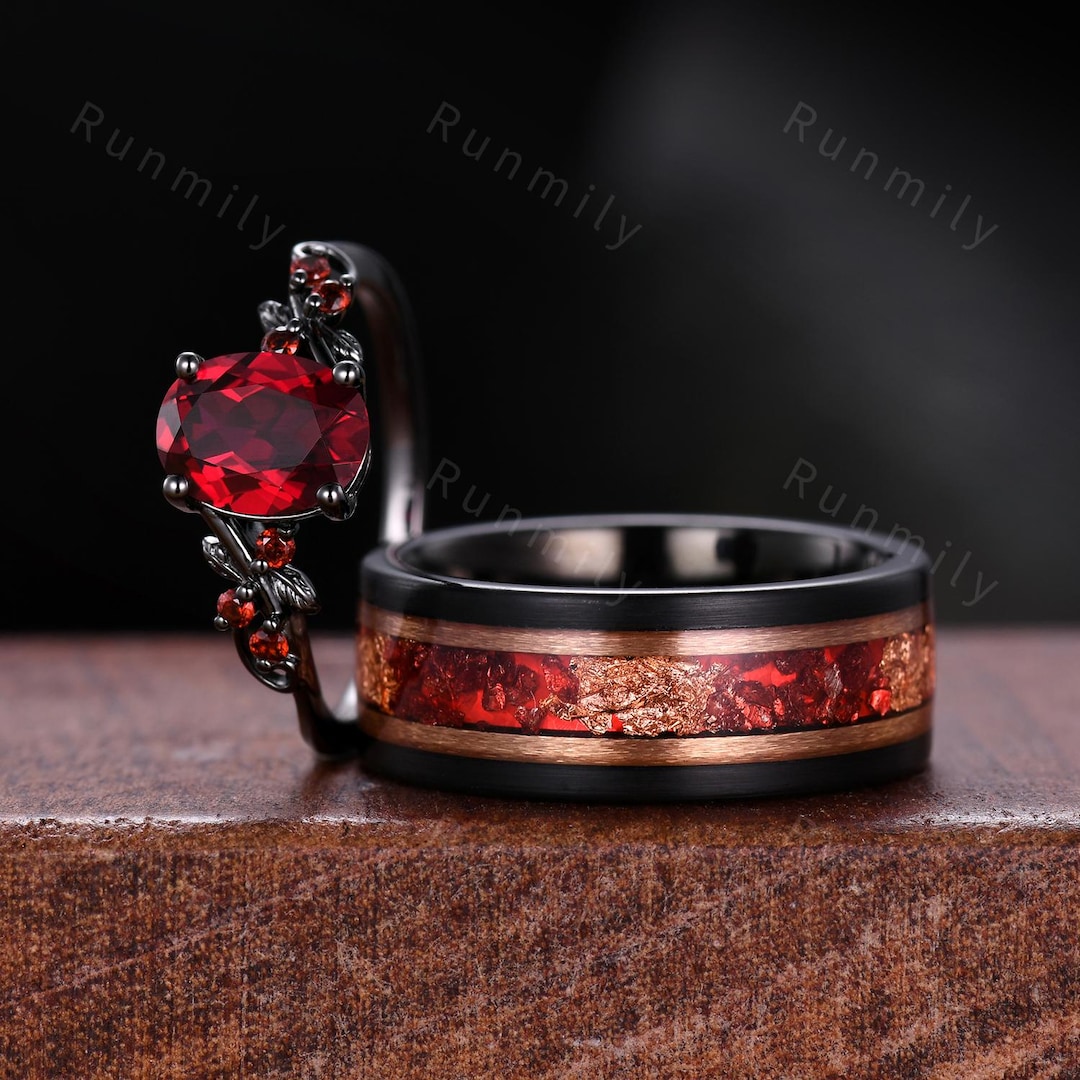 Oval Cut Ruby Couples Ring Set Black Gold Matching Promise Ring Vintage ...