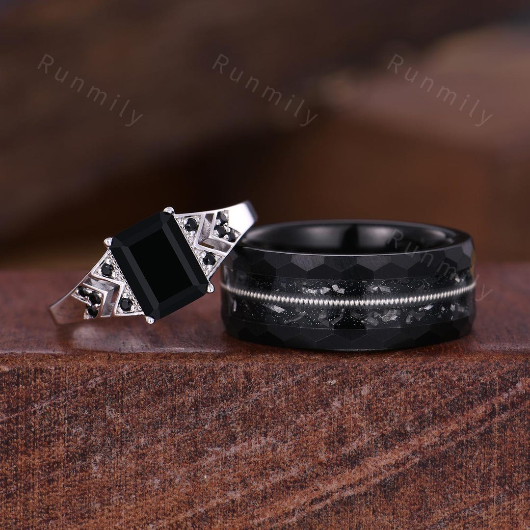 Emerald Cut Black Onyx Couples Ring Set Antique His and Hers Wedding Band Mens Black Tungsten ...