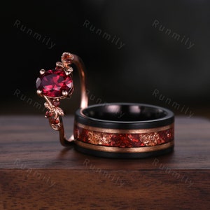 Oval Cut Ruby Couples Ring Set Rose Gold Matching Promise Ring His and ...
