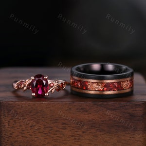 Oval Cut Ruby Couples Ring Set Rose Gold Matching Promise Ring His and ...
